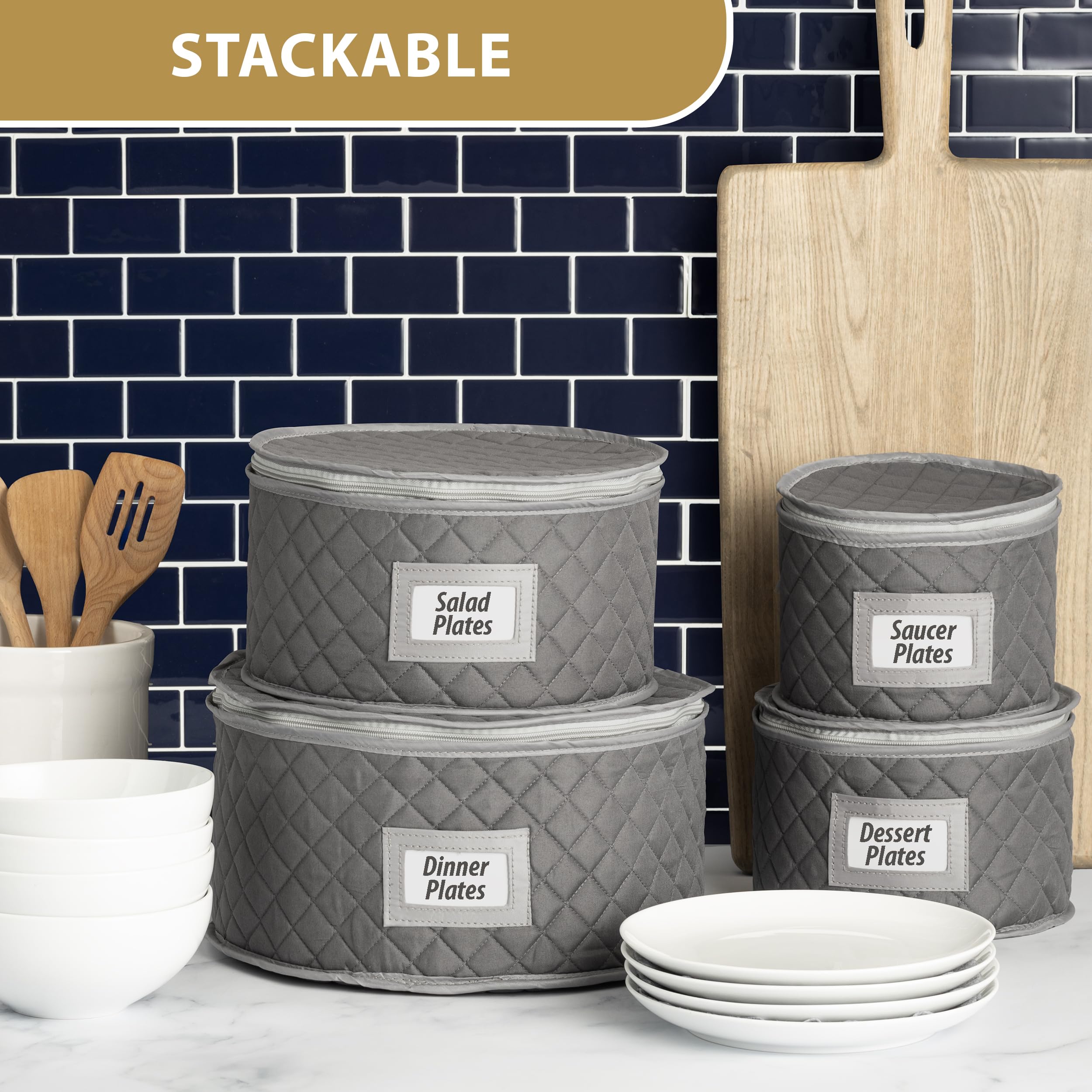 China Storage Case - Salad Plate Quilted Case - 10 inches Diameter x 6 inches Height - Gray - Includes 12 Felt Separators