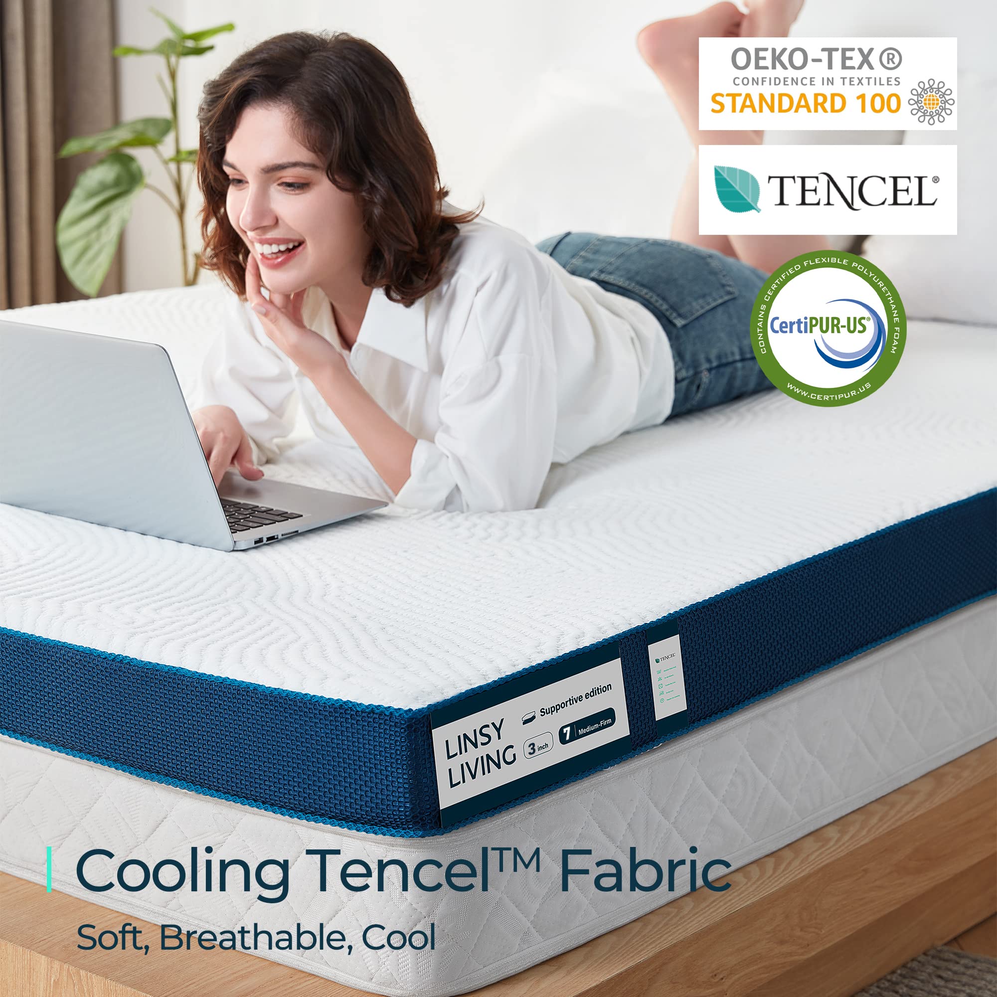 LINSY LIVING 4 Inches Dual Layer Queen Mattress Topper, Extra Thick Gel-Infused Memory Foam, Removable and Washable Tencel™ Cover, CertiPUR-US Certified, Oeko-TEX, Queen Size