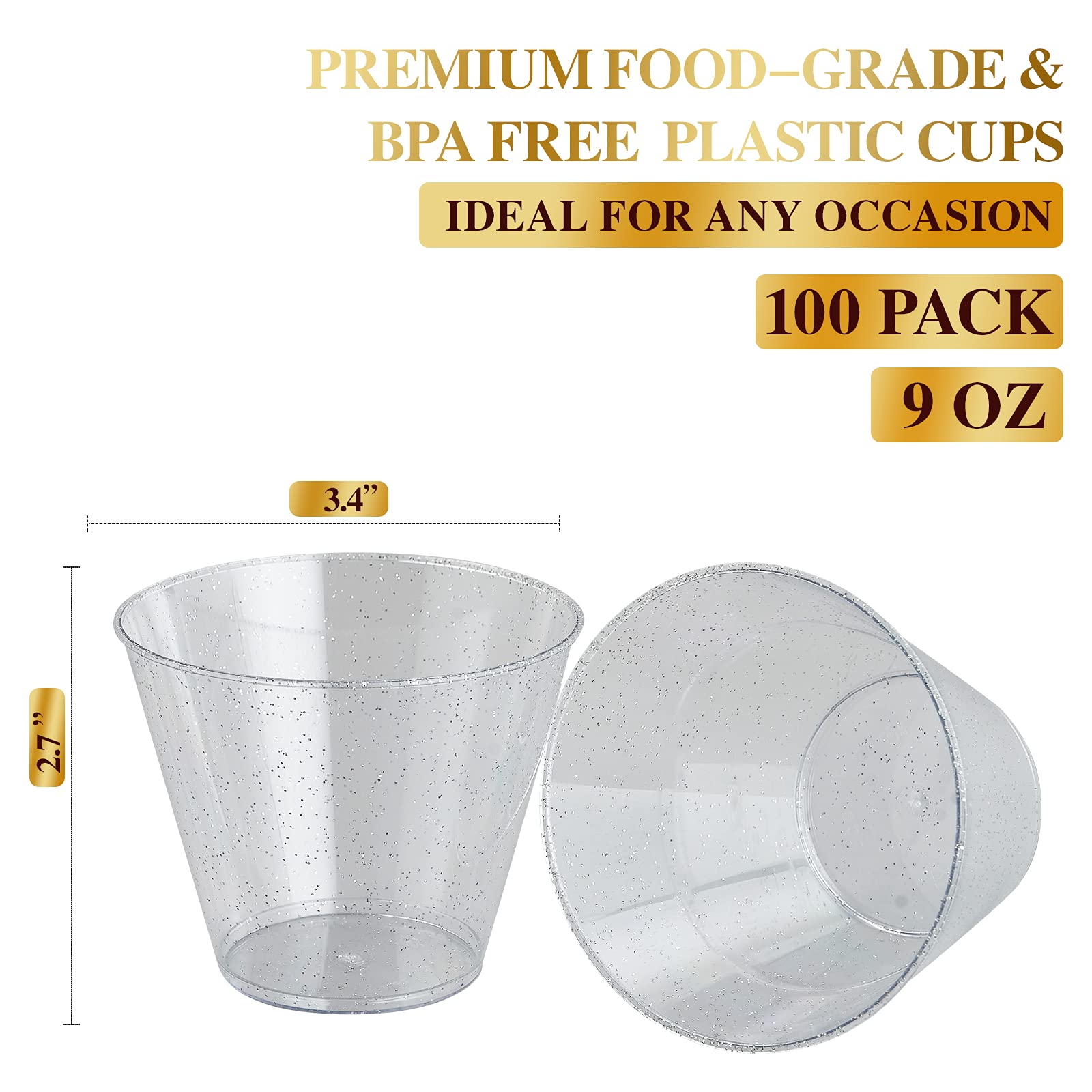 FOCUSLINE 9 oz Silver Plastic Cups, Disposable Clear Fancy Hard Plastic Cups, Silver Glitter, Heavy Duty, Reusable,100 Count