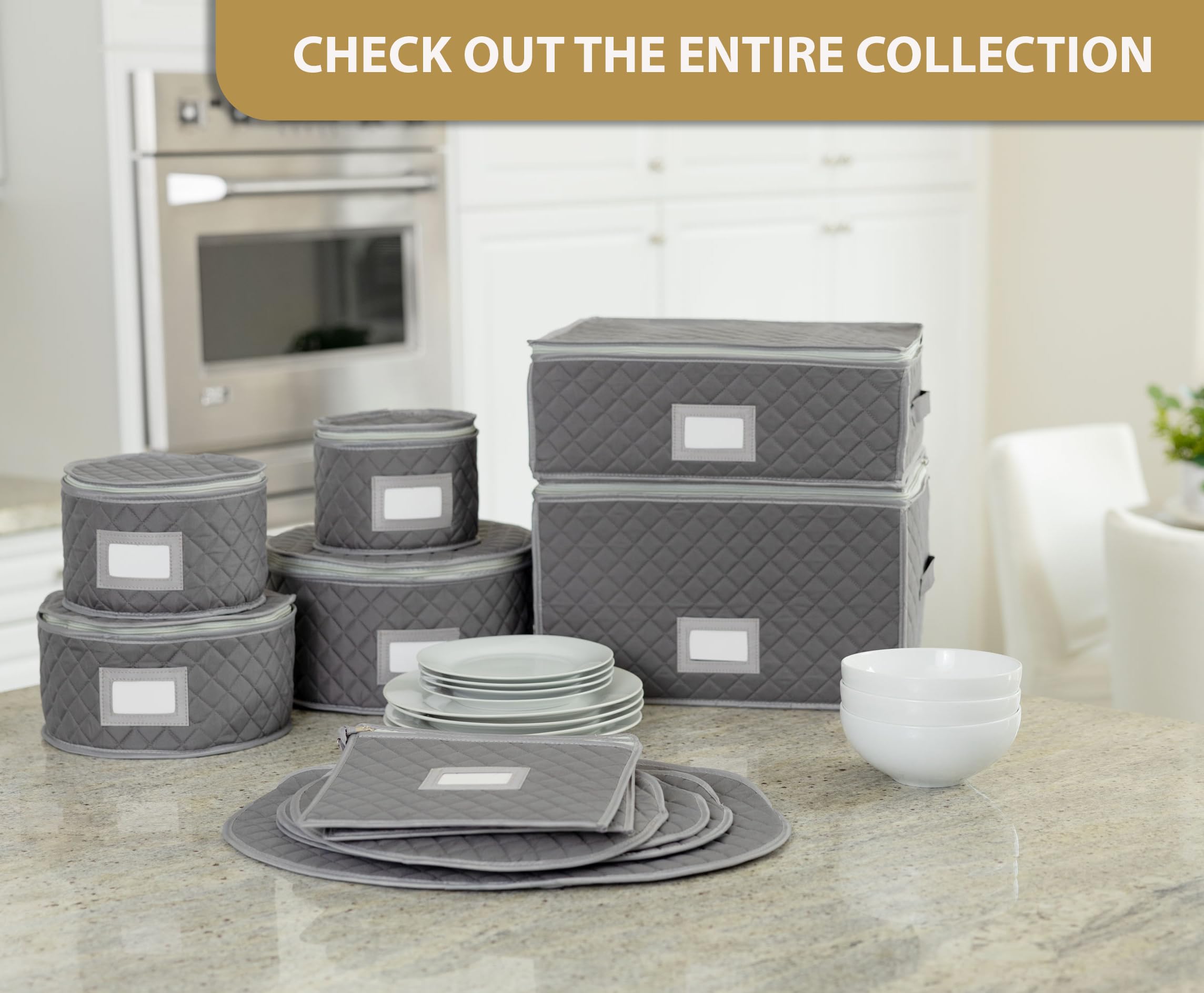 China Storage Case - Salad Plate Quilted Case - 10 inches Diameter x 6 inches Height - Gray - Includes 12 Felt Separators
