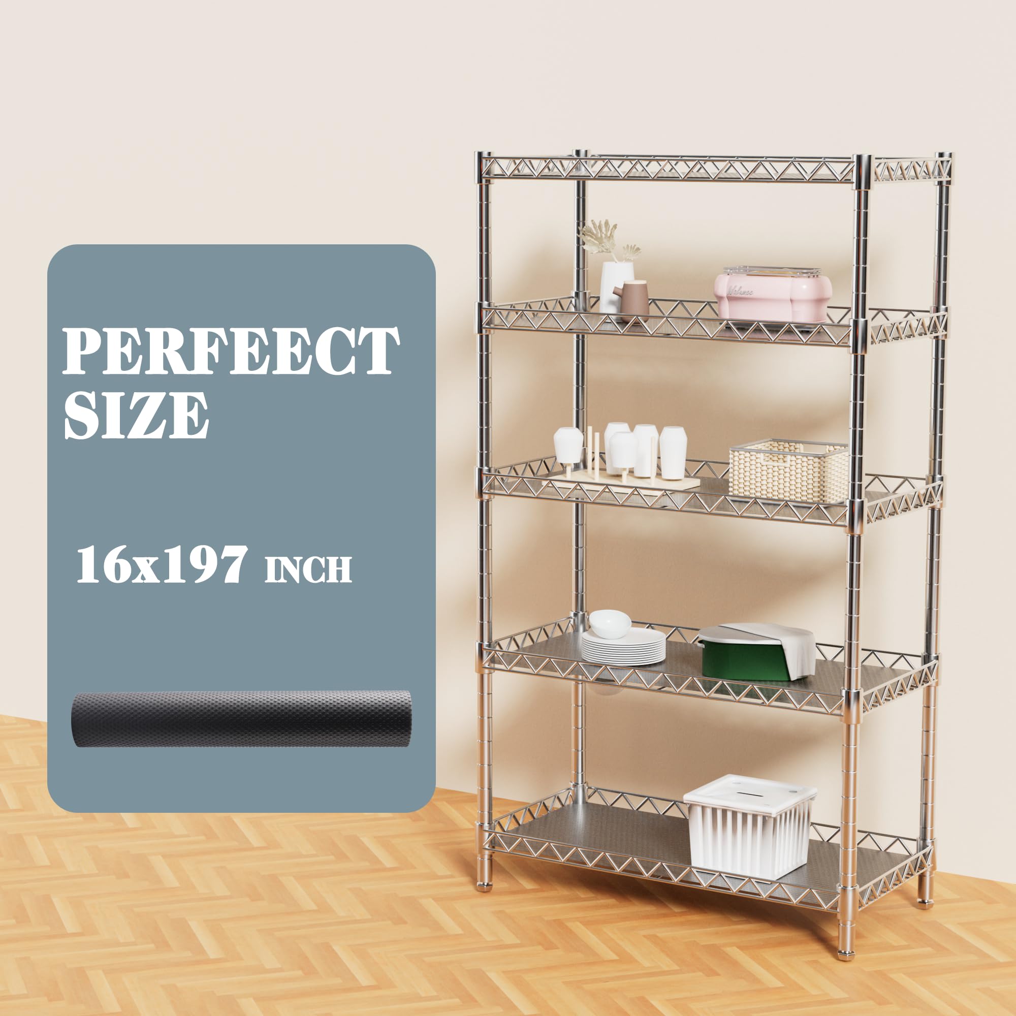 FLPMIX Wire Shelf Liner 16 inch Wide, Standard Size (16 by 197 Inch, Transparent Grey), Waterproof Pantry Shelf Liner, Thick Plastic Kitchen Cabinets Liner for Wire Racks, Heavy Duty Metal Shelves
