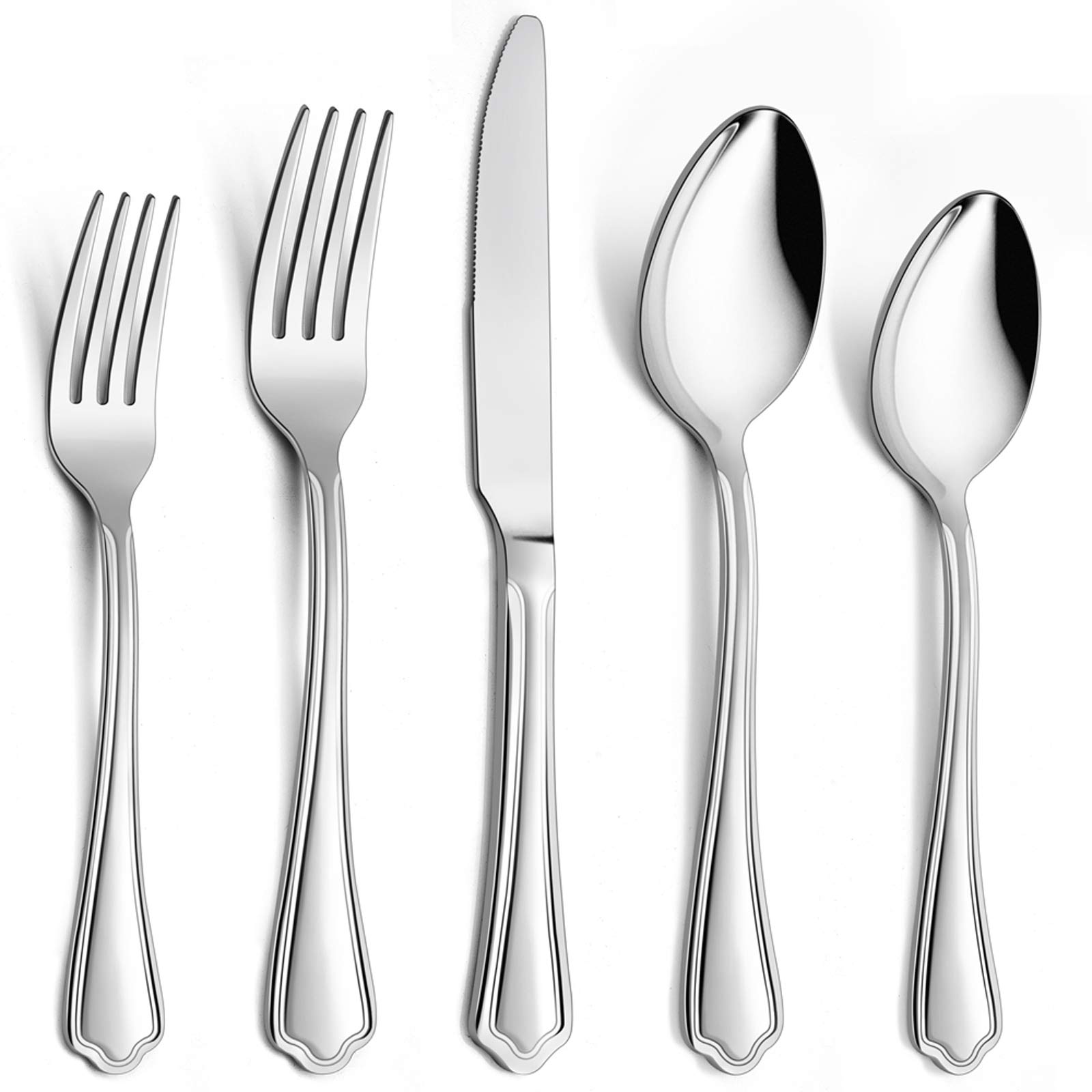 20-Piece Silverware Set, E-far Stainless Steel Flatware Cutlery Set Service for 4, Metal Tableware Eating Utensil Set, Dinner Knives/Forks/Spoons, Scalloped Edge & Mirror Polished - Dishwasher Safe