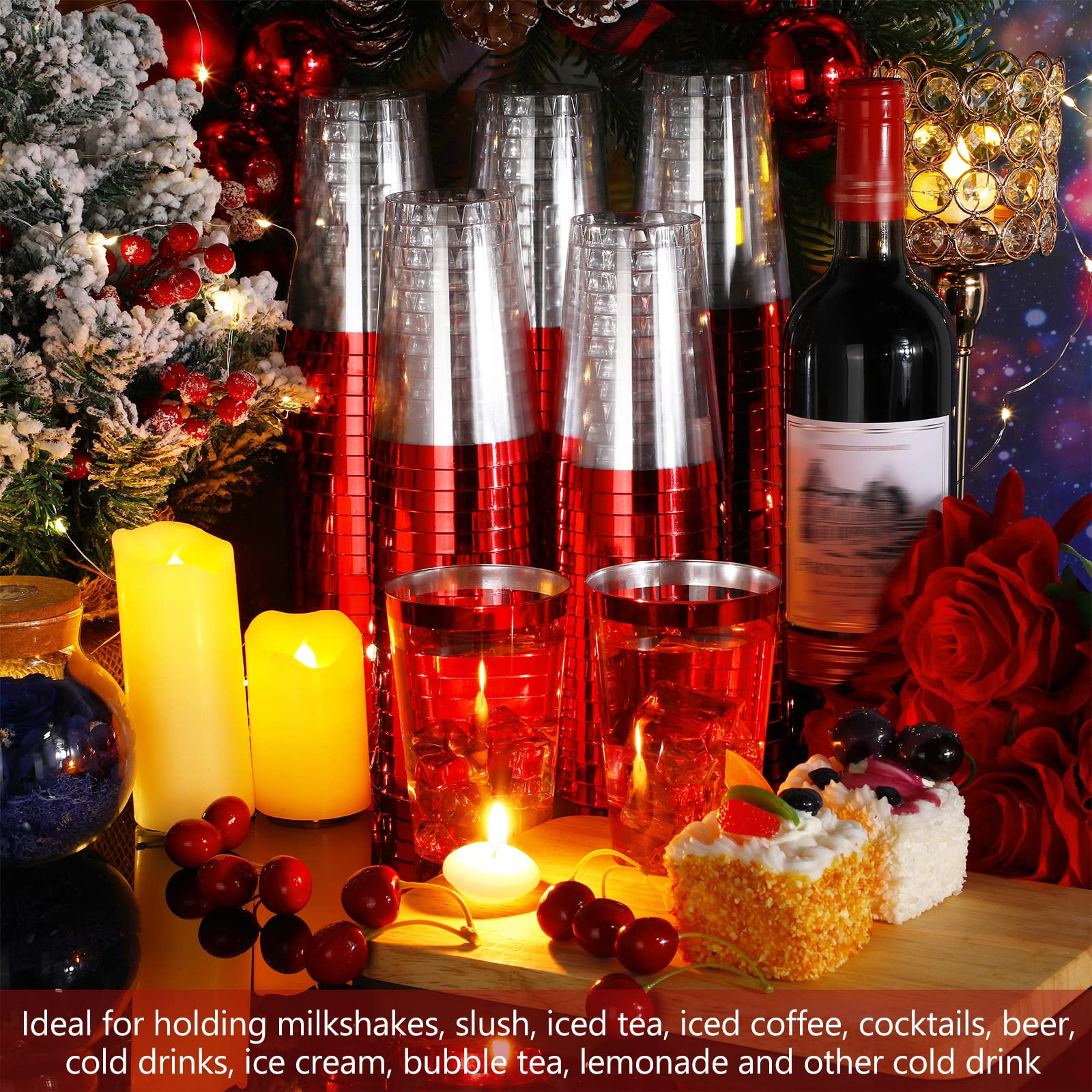 Norme 50 Pcs 12 oz Plastic Cups Disposable Cups 12 oz Plastic Glasses Clear Tumblers with Rim for Birthday Wedding Party Elegant Wine Coffee Cocktail(Red)