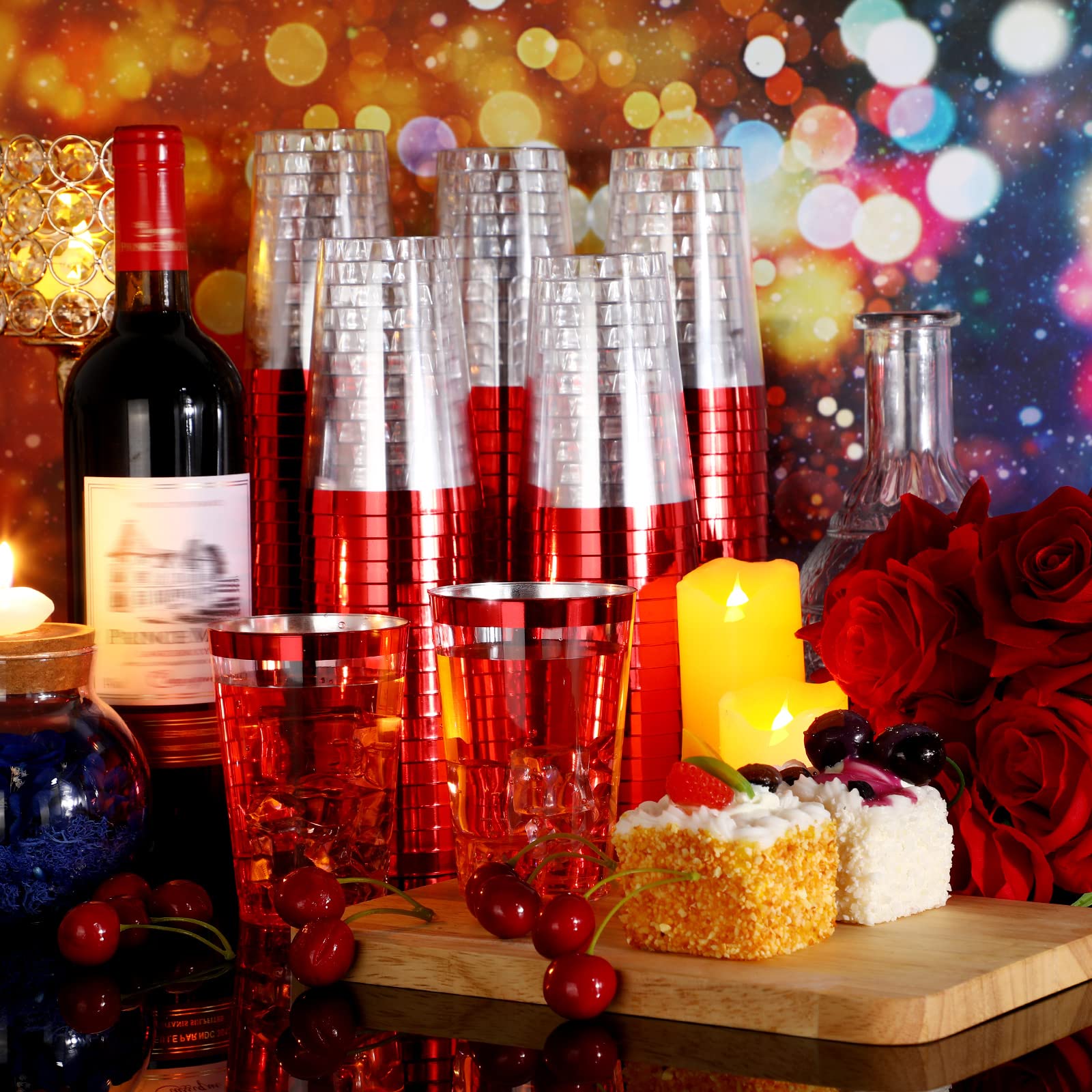 Norme 50 Pcs 12 oz Plastic Cups Disposable Cups 12 oz Plastic Glasses Clear Tumblers with Rim for Birthday Wedding Party Elegant Wine Coffee Cocktail(Red)