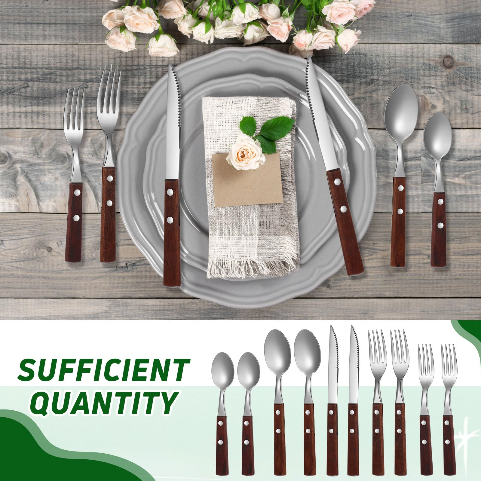 Tanlade 60 Pcs Wooden Handle Silverware Set 18/8 304 Stainless Steel Walnut Handle Flatware Set Reusable Cutlery Set Included Dinner Forks,Salad Forks,Table Knives,Tablespoons,Teaspoons, Serves for 12