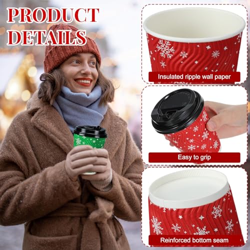 Ziliny 200 Pcs Christmas Coffee Cups with Lids 12 oz Hot Drink Cups Xmas Snowflake Paper Cups Disposable Large Hot Beverage Cups for Water Tea Office Home Drink Travel(Red, Green)