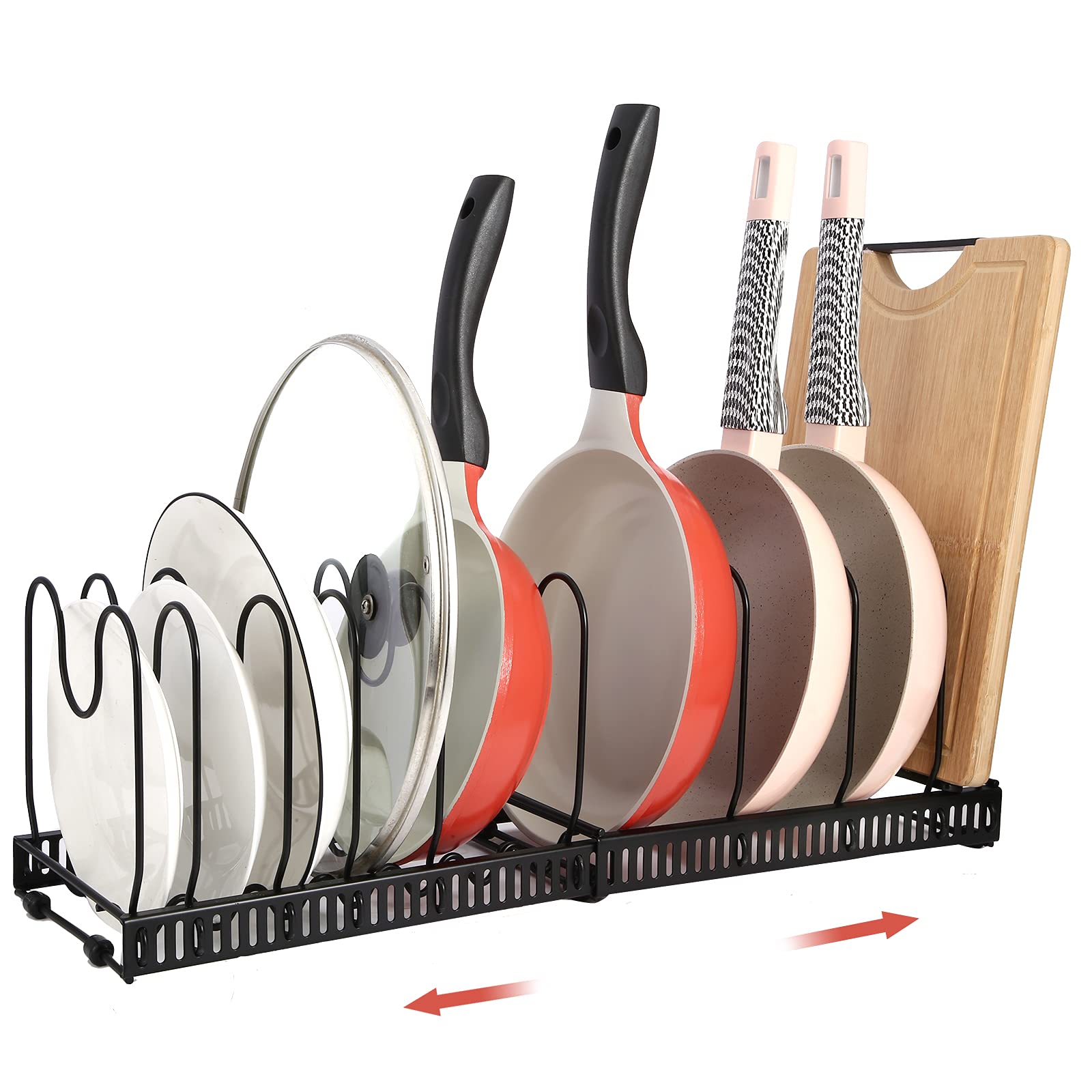Pots and Pans Organizer Lid Organizer Dishes Bakeware Storage Rack Expandable Black Rack Holder with 10PCS Adjustable Compartment for Kitchen Cabinet Cupboard Drawer Counter
