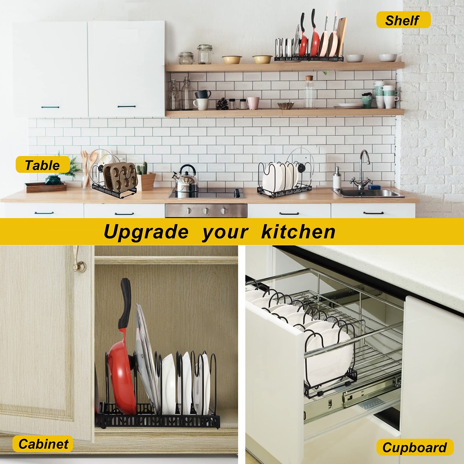 Pots and Pans Organizer Lid Organizer Dishes Bakeware Storage Rack Expandable Black Rack Holder with 10PCS Adjustable Compartment for Kitchen Cabinet Cupboard Drawer Counter
