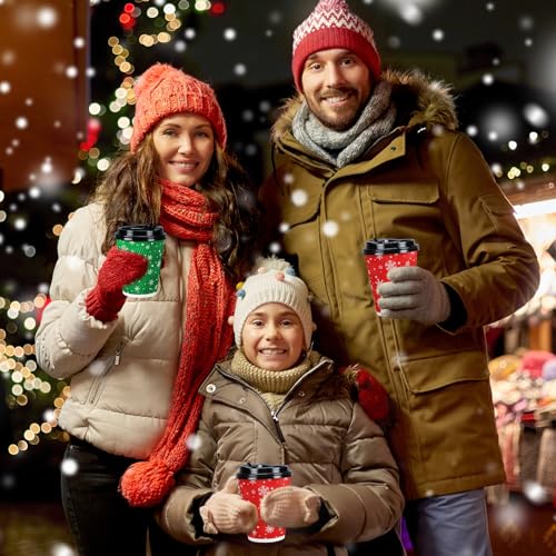 Ziliny 200 Pcs Christmas Coffee Cups with Lids 12 oz Hot Drink Cups Xmas Snowflake Paper Cups Disposable Large Hot Beverage Cups for Water Tea Office Home Drink Travel(Red, Green)