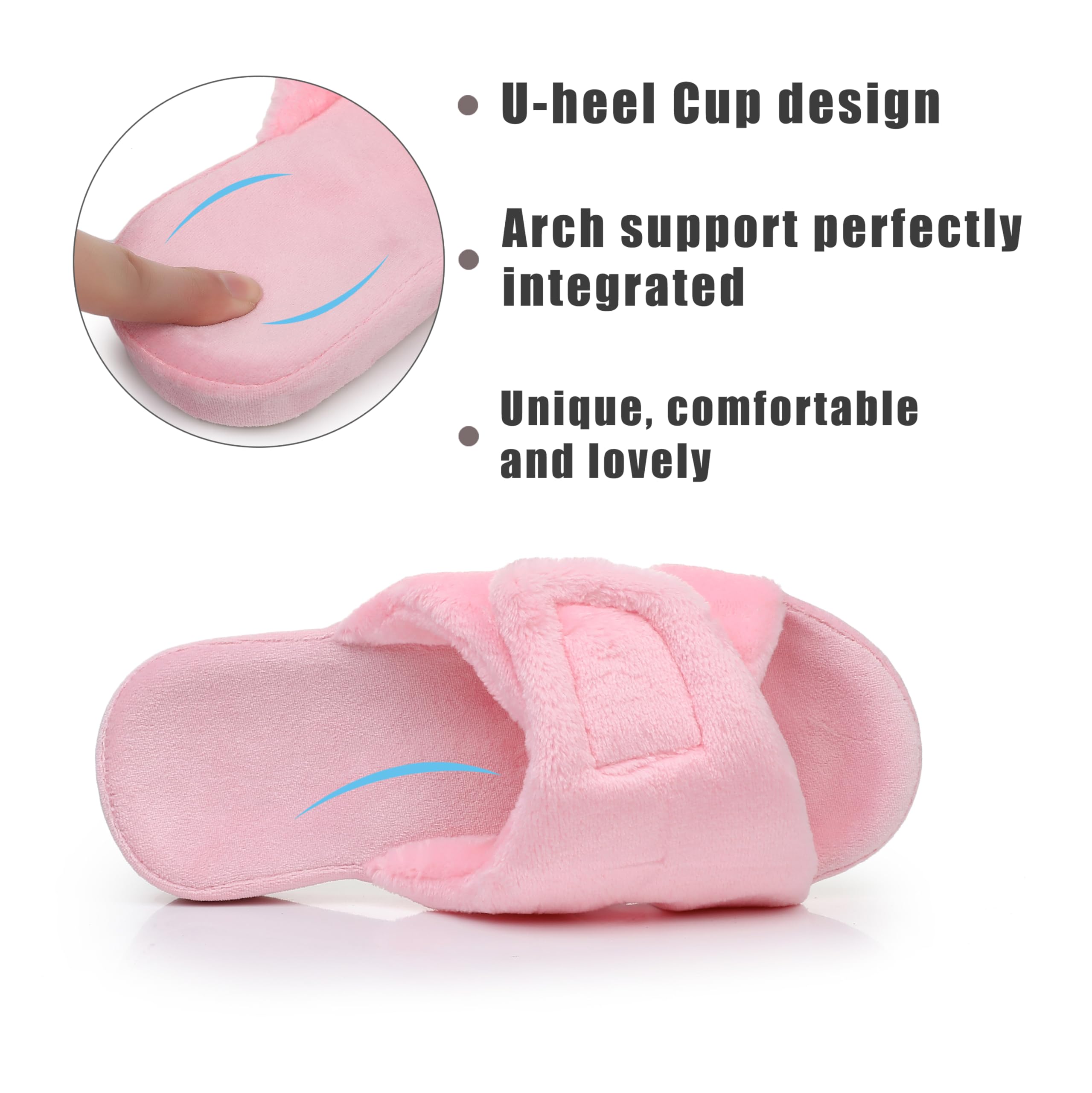 Women's Adjustable Diabetic Slippers Memory Foam House Shoes Cozy Arch Support Orthotic Heel Cup Arthritis Edema Slippers Non Slip Rubber Sole, Open Toe Fuzzy Slide Sandals for Ladies., Pink 6.5/7.5