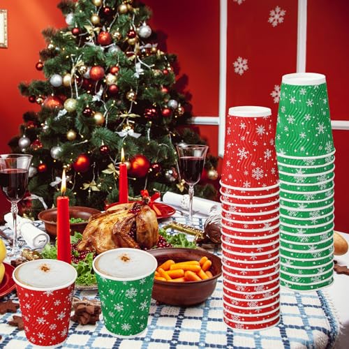 Ziliny 200 Pcs Christmas Coffee Cups with Lids 12 oz Hot Drink Cups Xmas Snowflake Paper Cups Disposable Large Hot Beverage Cups for Water Tea Office Home Drink Travel(Red, Green)