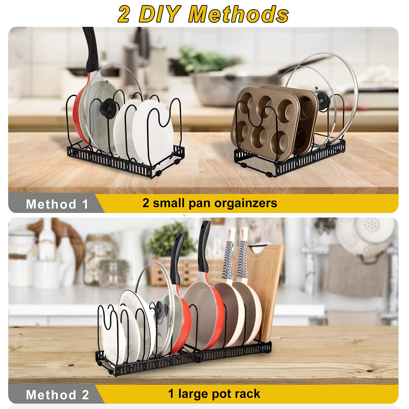 Pots and Pans Organizer Lid Organizer Dishes Bakeware Storage Rack Expandable Black Rack Holder with 10PCS Adjustable Compartment for Kitchen Cabinet Cupboard Drawer Counter