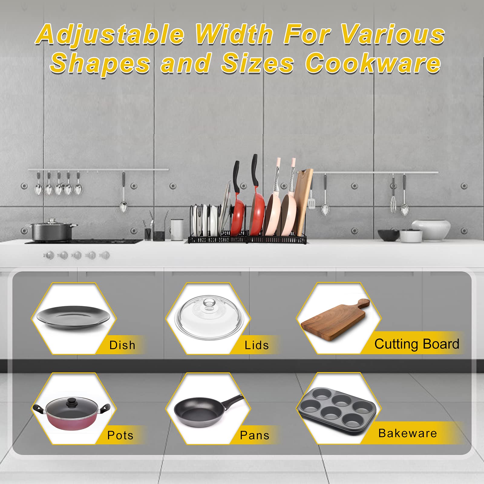 Pots and Pans Organizer Lid Organizer Dishes Bakeware Storage Rack Expandable Black Rack Holder with 10PCS Adjustable Compartment for Kitchen Cabinet Cupboard Drawer Counter