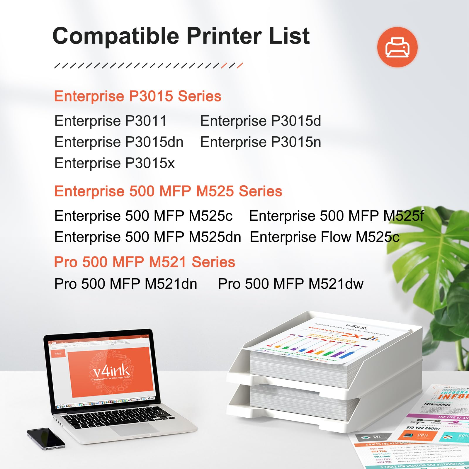 v4ink Compatible CE255X Toner Cartridge Replacement for HP 55X CE255X 55A CE255A 12500 Pages for HP P3015 P3015dn P3015x HP Enterprise Pro 500 MFP M525 M521 M521dn M521dw Printer