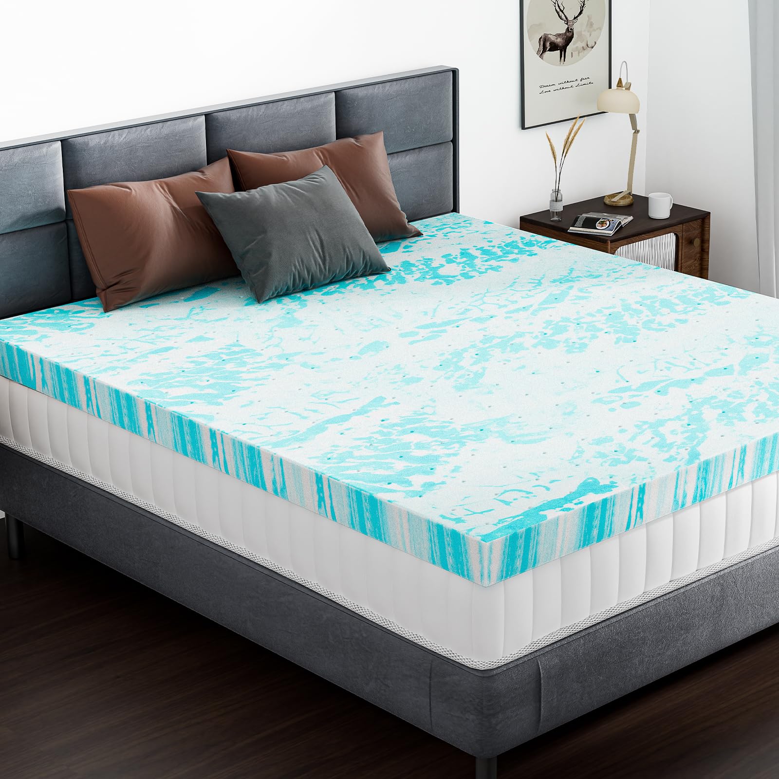 DUMOS Memory Foam Mattress Topper Queen, 2 Inch Thick Gel Infused Bed Toppers for Queen Size Bed, Soft Mattress Pads for Sleeper Sofa, RV, Camper, CertiPUR-US Certified, Blue