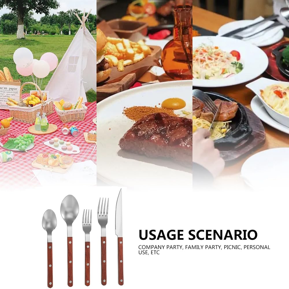 Wooden Handle Flatware Set for 6, 30-Pieces Silverware Set Food-Grade Stainless Steel Cutlery Kitchen Utensils Set Apartment Essentials Dishwasher Safe Wedding Banquet Best Gift Combo