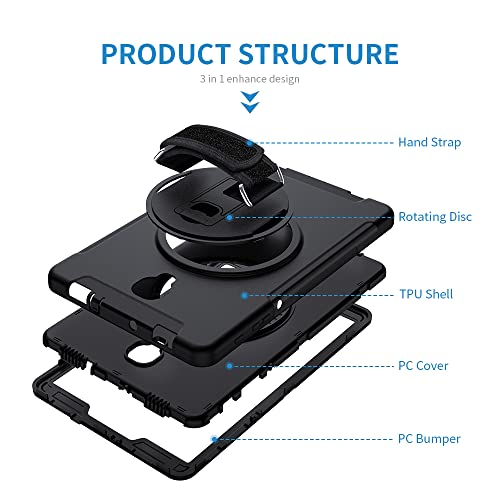 Bkinew Tablet Case for Samsung Galaxy Tab A 10.5-inch 2018 SM-T590/SM-T595/SM-T597 with Screen Protector 360 Rotating Kickstand and Hand/Shoulder Strap Rugged Protective Cover, Black