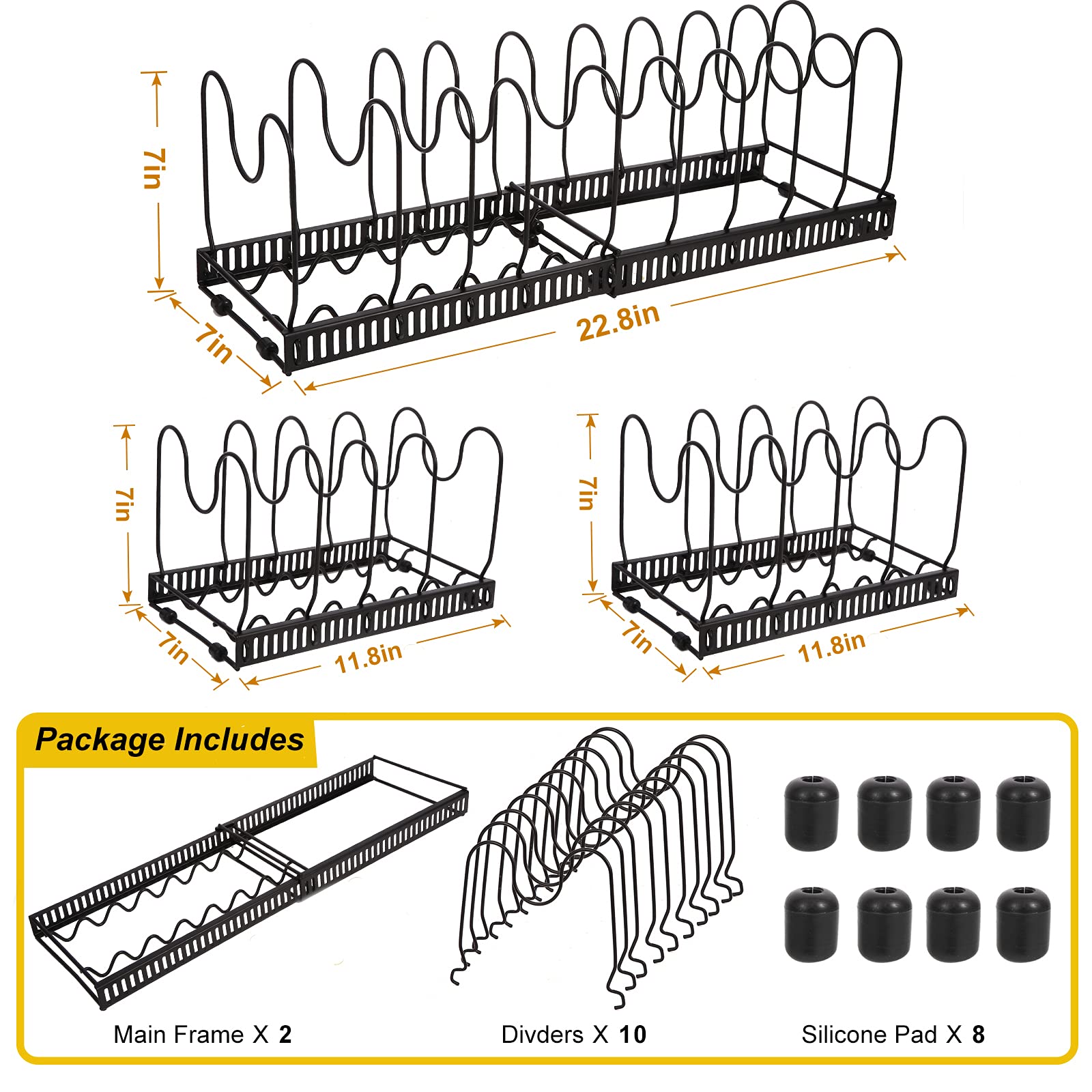 Pots and Pans Organizer Lid Organizer Dishes Bakeware Storage Rack Expandable Black Rack Holder with 10PCS Adjustable Compartment for Kitchen Cabinet Cupboard Drawer Counter