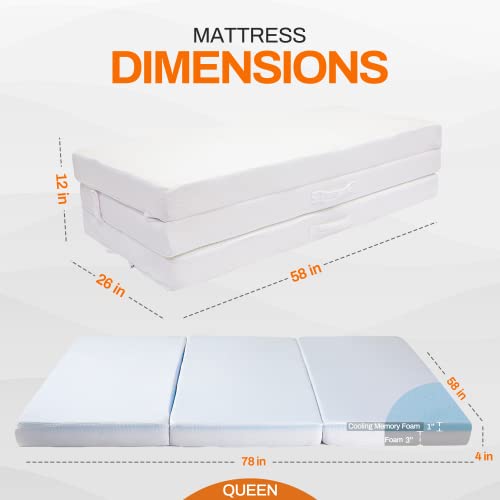 Cheer Collection Tri-Fold Memory Foam Mattress - 4" Thick Gel Infused Foam Folding Bed for Guests, Queen Size - 58" x 78"