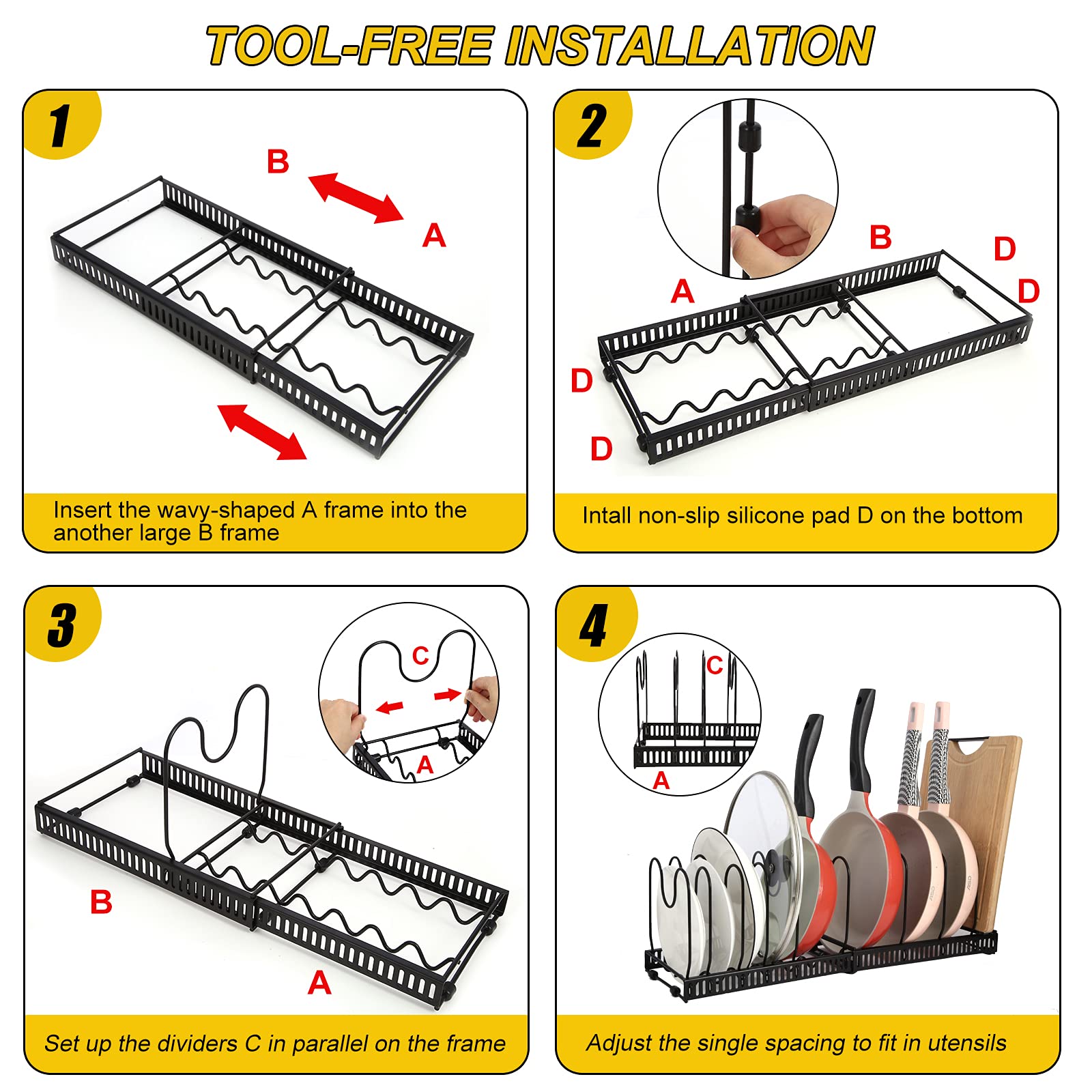 Pots and Pans Organizer Lid Organizer Dishes Bakeware Storage Rack Expandable Black Rack Holder with 10PCS Adjustable Compartment for Kitchen Cabinet Cupboard Drawer Counter