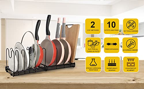 Pots and Pans Organizer Lid Organizer Dishes Bakeware Storage Rack Expandable Black Rack Holder with 10PCS Adjustable Compartment for Kitchen Cabinet Cupboard Drawer Counter