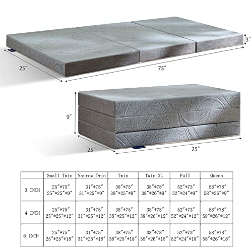 Iyee Nature Tri Folding Mattress, 4 inch Twin XL Folding Memory Form Mattress Topper with Washable Cover, Fodable Mattress for Camping, Guest, Yoga - 78"x38"x4"