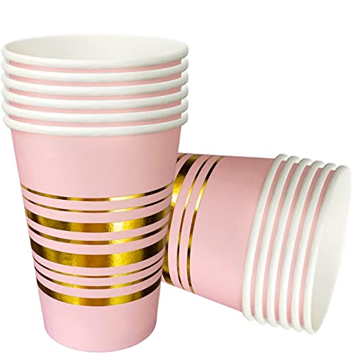 DiggHous KSG Elegant Light Pink and Gold Striped Paper Party Cups 12 oz - Pack of 50 Disposable Cups - Perfect for Bachelorette Baby Shower Birthdays - Hot and Cold Beverages