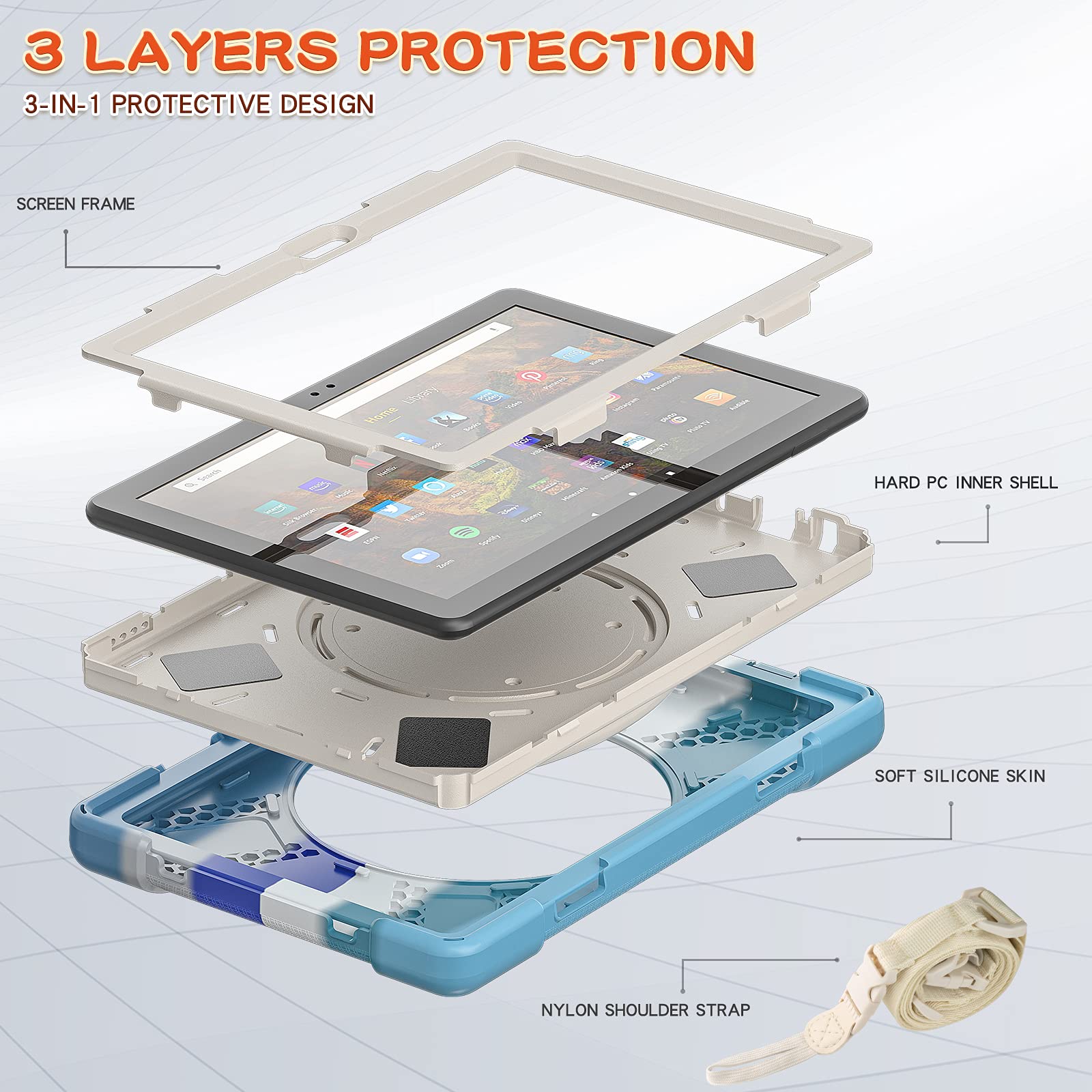 360 ° Rotation Portable Case for Fire HD 10 & HD 10 Plus Tablet(11th Generation, 2021 Release Rugged Case Rotating Stand Hand Strap Shoulder Carrying Strap Outdoor Cover (Colourful Blue)