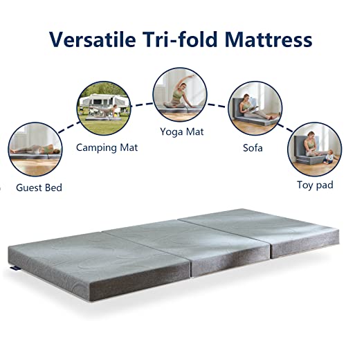 Iyee Nature Tri Folding Mattress, 4 inch Twin XL Folding Memory Form Mattress Topper with Washable Cover, Fodable Mattress for Camping, Guest, Yoga - 78"x38"x4"