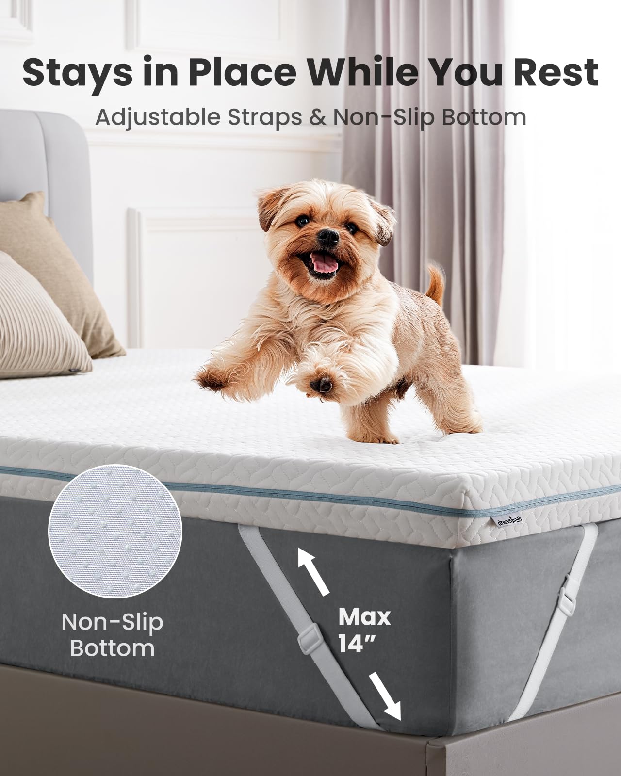 Dreamsmith 4 Inch Memory Foam Mattress Topper Queen, Cooling Gel-Infused Bed Topper for Back Pain with Removable Soft Cover, CertiPUR-US Certified, Queen