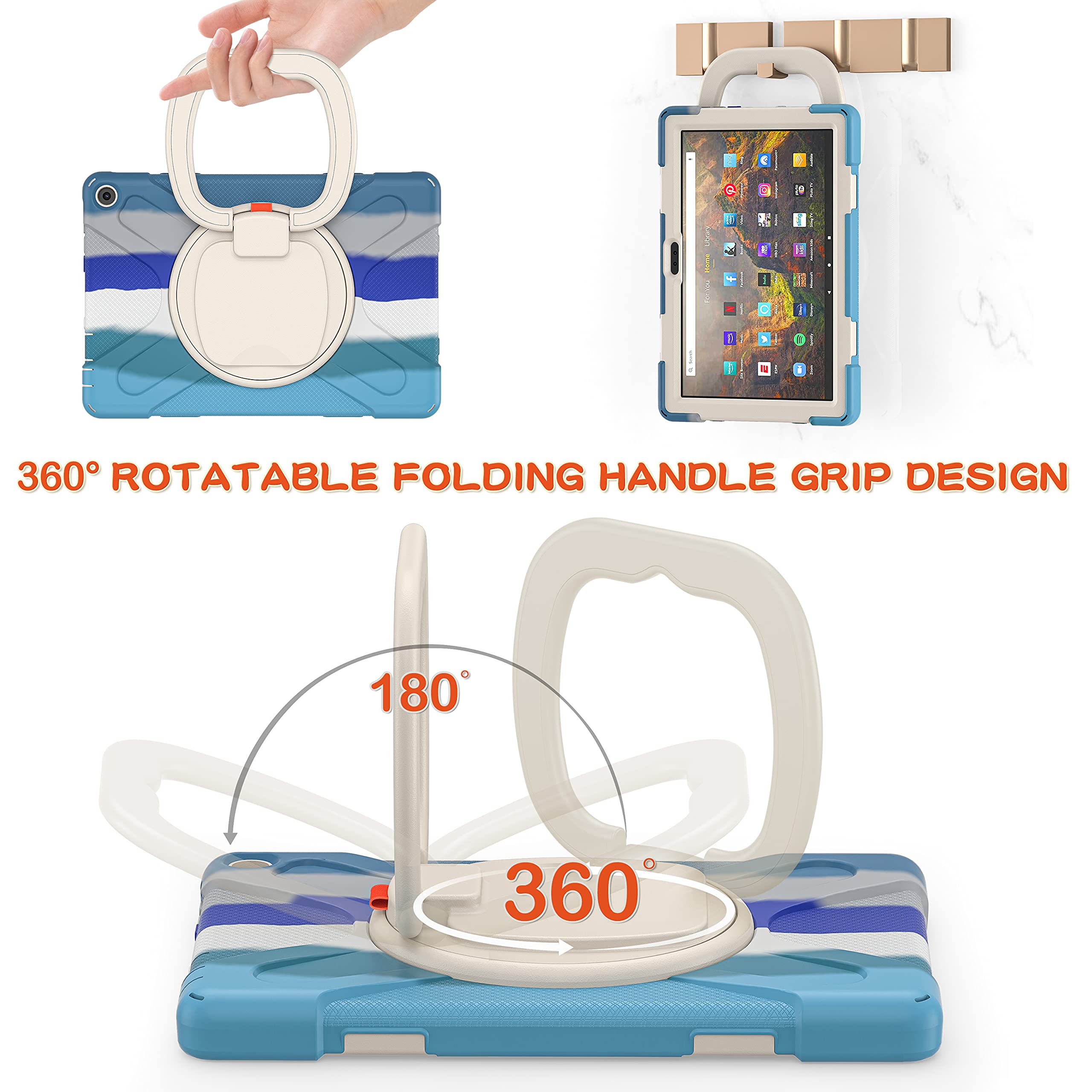 360 ° Rotation Portable Case for Fire HD 10 & HD 10 Plus Tablet(11th Generation, 2021 Release Rugged Case Rotating Stand Hand Strap Shoulder Carrying Strap Outdoor Cover (Colourful Blue)
