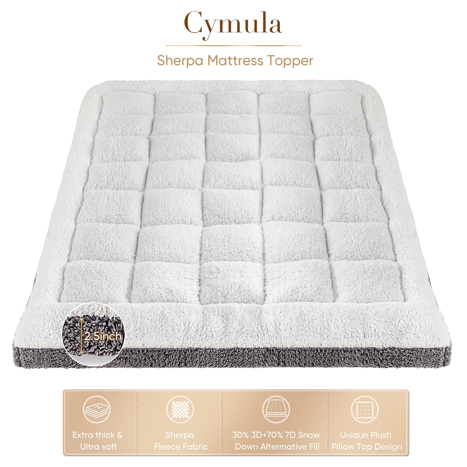 Mattress Topper Queen Size for Back Pain, Cymula Extra Thick 2 inch Sherpa Mattress Pad Bed Soft Pillow Top with 900GSM Fluffy Down Alternative Mattress Cover with 8-21" Deep Pocket, 60x80in White