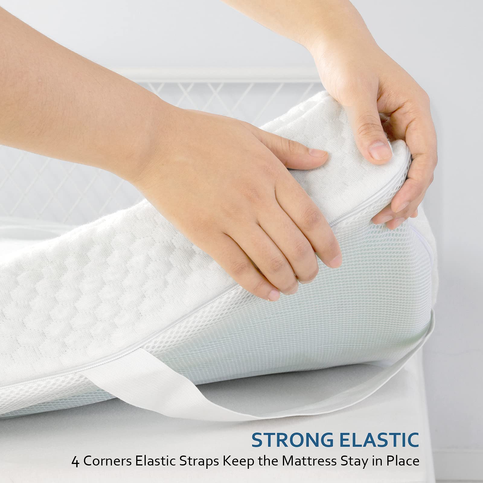 Cover for Mattress Topper Full Size, 3-4 Inch Full Memory Foam Cover with Zipper, Viscose Made from Bamboo and 3D Mesh Fabric Backing Latex Mattress Topper Removable Cover with Straps