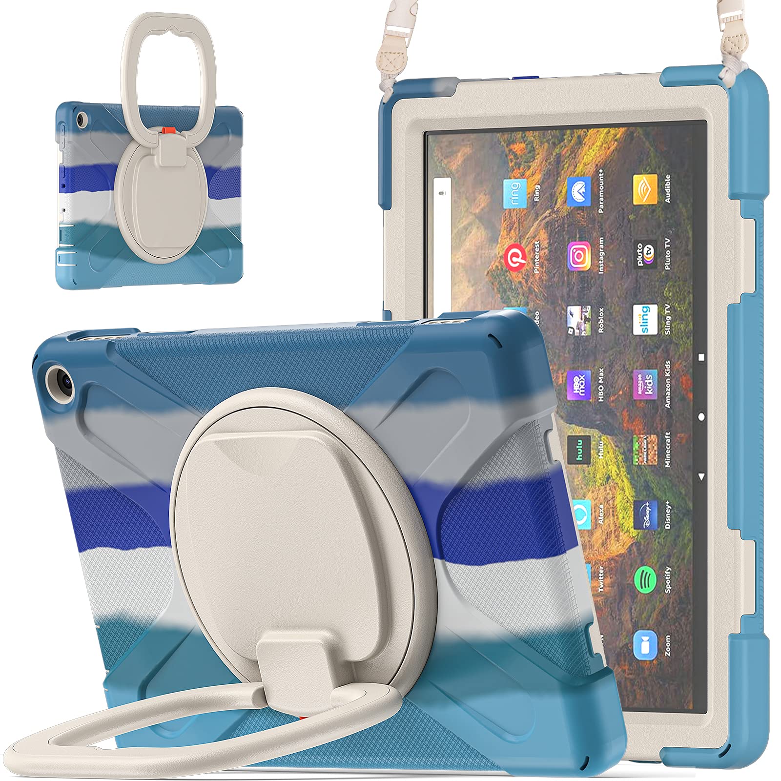 360 ° Rotation Portable Case for Fire HD 10 & HD 10 Plus Tablet(11th Generation, 2021 Release Rugged Case Rotating Stand Hand Strap Shoulder Carrying Strap Outdoor Cover (Colourful Blue)