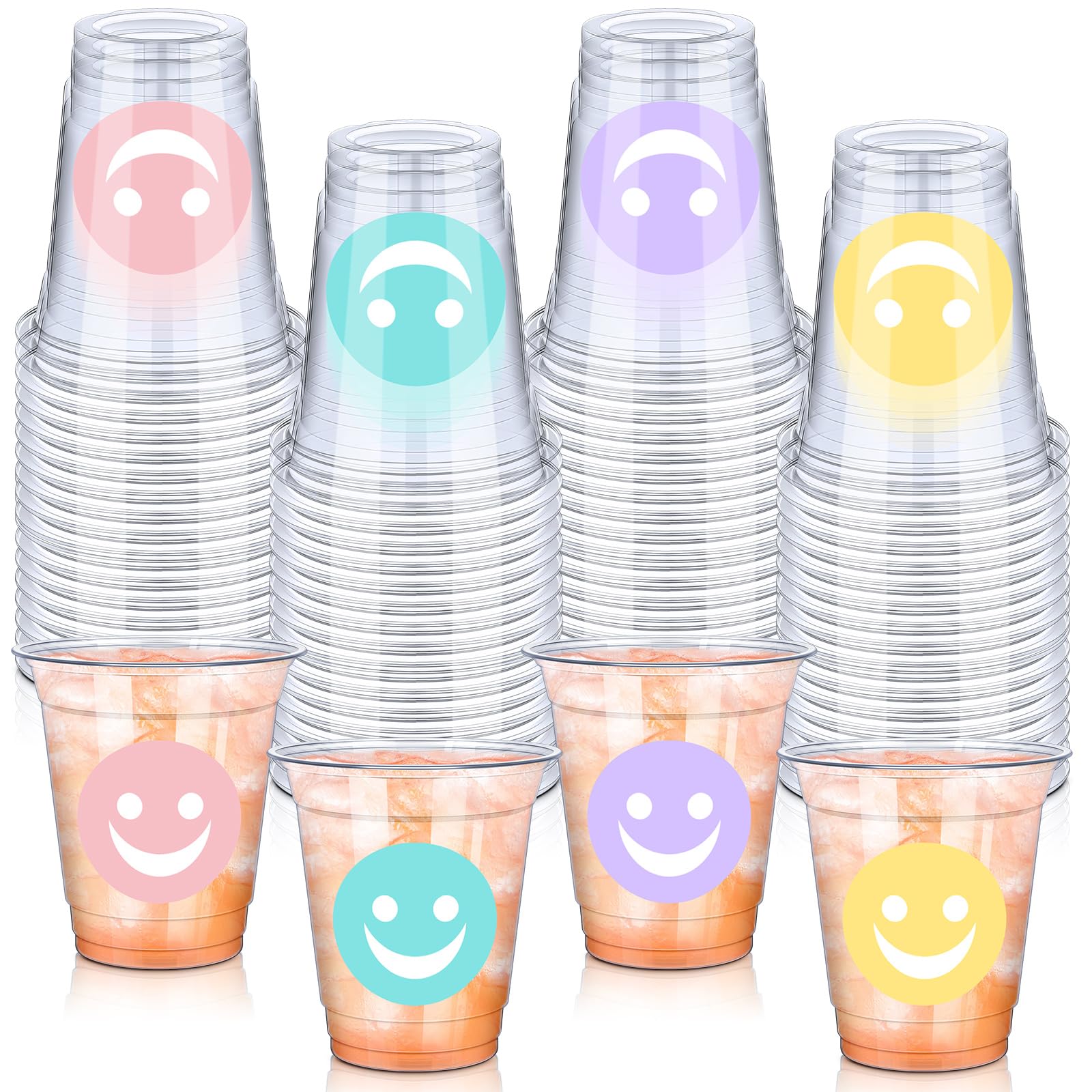 meekoo 100 Pack Preppy Smile Face 12 oz Clear Plastic Cups Bulk Disposable Drink Cups Cute Pastel Smile Face Disposable Preppy Bachelorette Theme Birthday Party Favors Events Picnic Travel