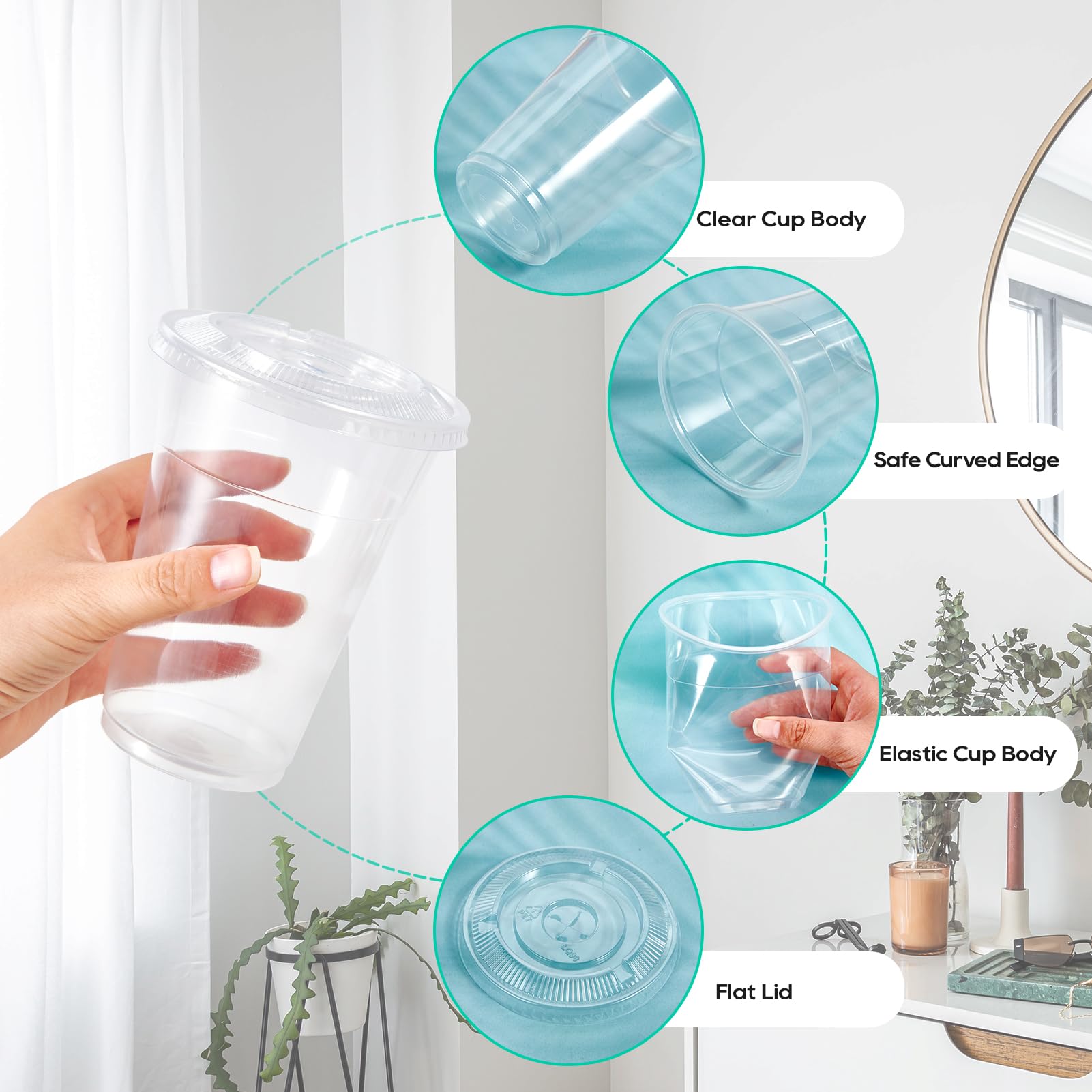 JOLLY PARTY 100Pack 16 oz Clear Plastic Cups With Flat Lids, Disposable Clear Cups with Straw Slot Lids, Crystal Clear Disposable Drinking Cups for Juice Ice Cream Milkshake Iced Coffee Cold Drink