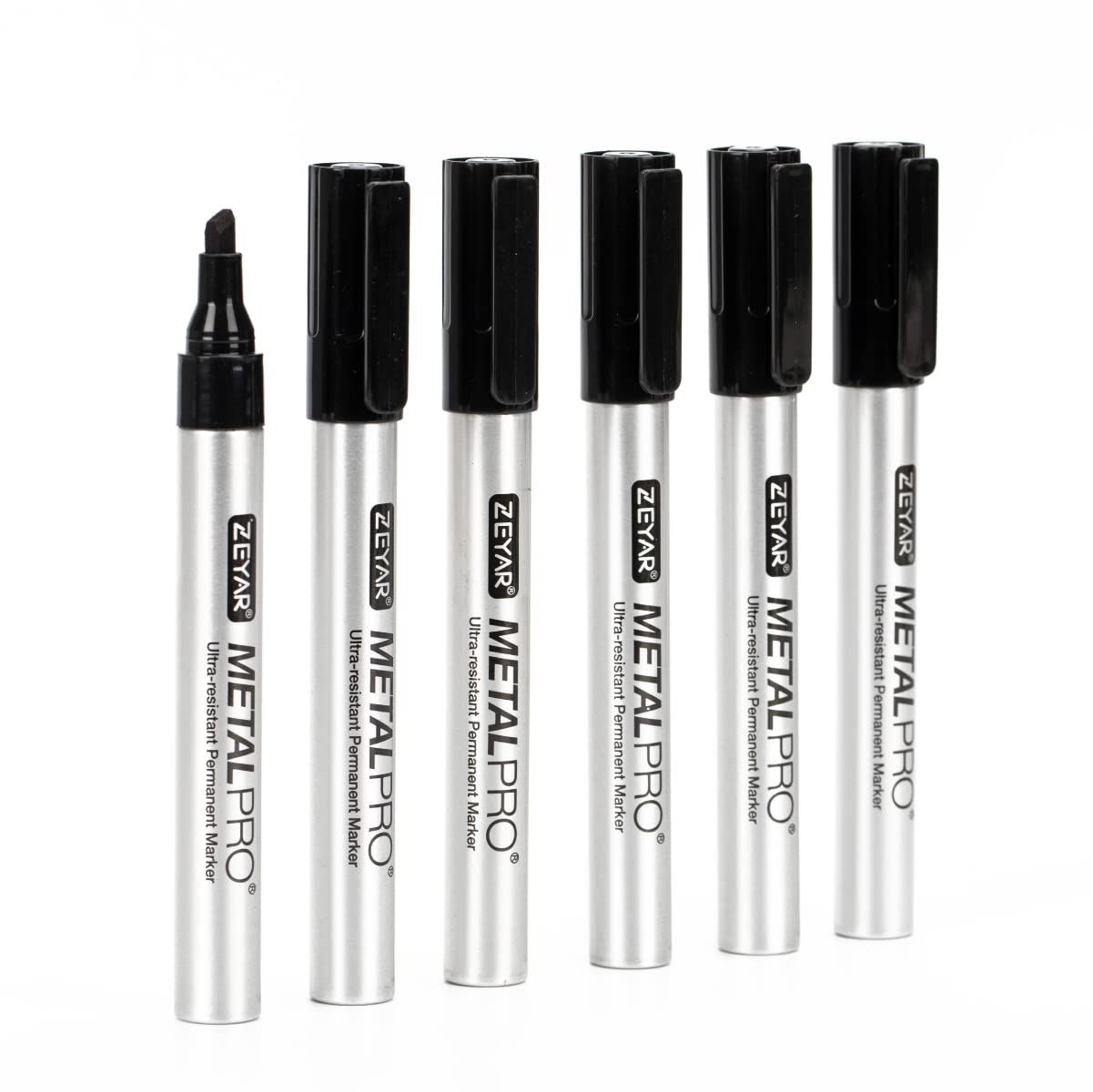 ZEYAR Permanent Markers, Chisel Tip Medium Point, Waterproof & Smear Proof ink, Aluminum Barrel Markers, Quick Drying (6 Black Color)