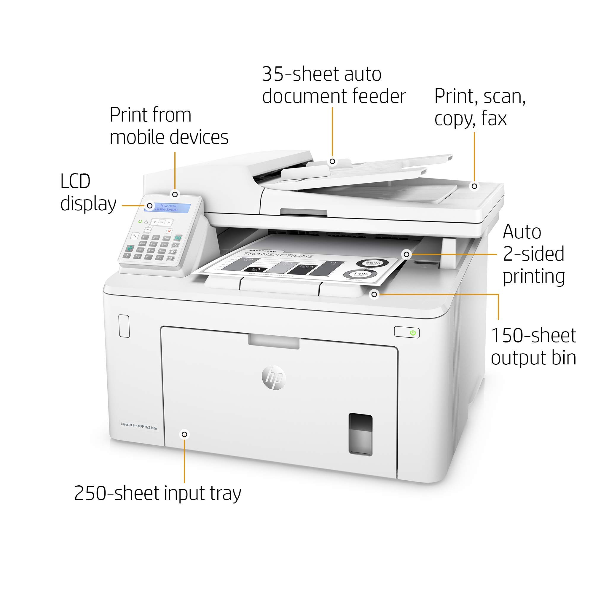 HP Laserjet Pro M227fdn All-in-One Monochrome Laser Printer with Auto Two-Sided Printing, Mobile Printing, Fax & Built-in Ethernet, Amazon Dash Replenishment Ready (G3Q79A) (Renewed)