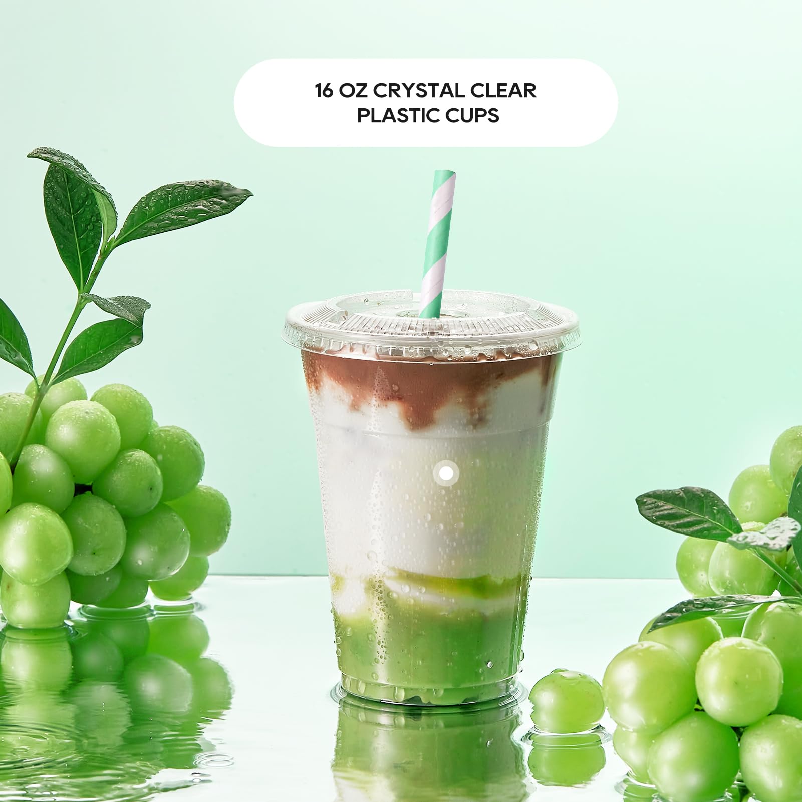 JOLLY PARTY 100Pack 16 oz Clear Plastic Cups With Flat Lids, Disposable Clear Cups with Straw Slot Lids, Crystal Clear Disposable Drinking Cups for Juice Ice Cream Milkshake Iced Coffee Cold Drink