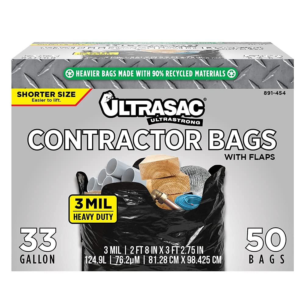 Ultrasac - 891454 UltraSac Contractor Trash Bags - (50 Pack/w Ties) - Heavy Duty 3 MIL Thick, 39' x 32', Shorter 33 Gallon Black Version - for Industrial, Commercial, Professional, Construction, Lawn, Leaf, and More