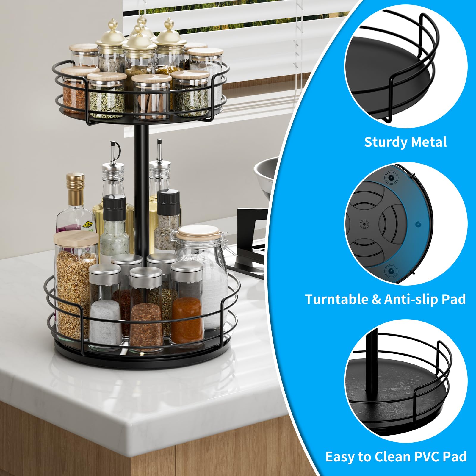 Lazy Susan Organizer Metal Steel Turntable, BOIVSHI 2 Tier Lazy Susan Spice Rack Organizer for Kitchen Cabinet, Table, Pantry, Bathroom, 10 Inch Black