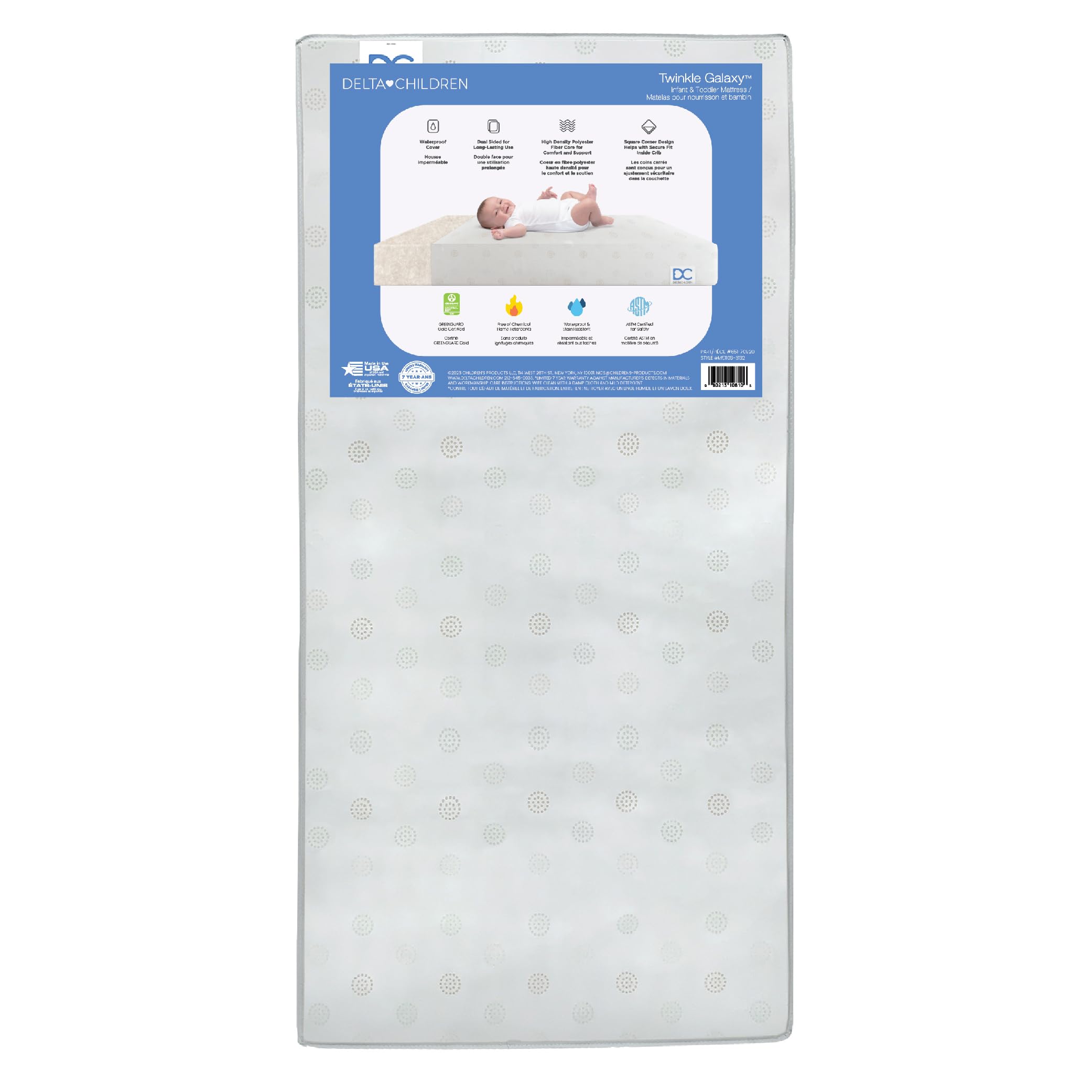 Delta Children Twinkle Galaxy Dual Sided Crib and Toddler Mattress - Premium Sustainably Sourced Fiber Core - Waterproof - GREENGUARD Gold Certified (Non-Toxic) - 7 Year Warranty - Made in USA