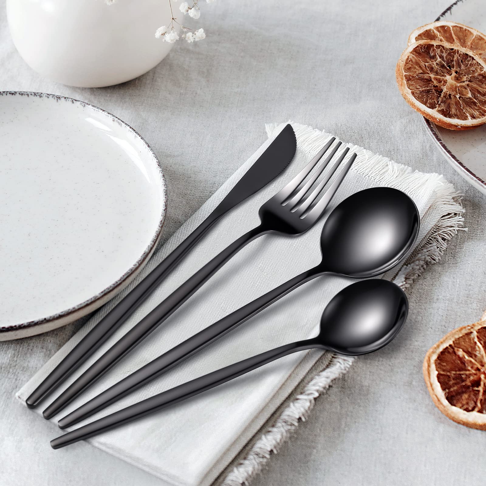 Black Silverware Set 30 Pieces, Black Flatware Utensil Cutlery Set for 6, Stainless Steel Black Forks Spoons and Knives Set Service for 6, Mirror Polished