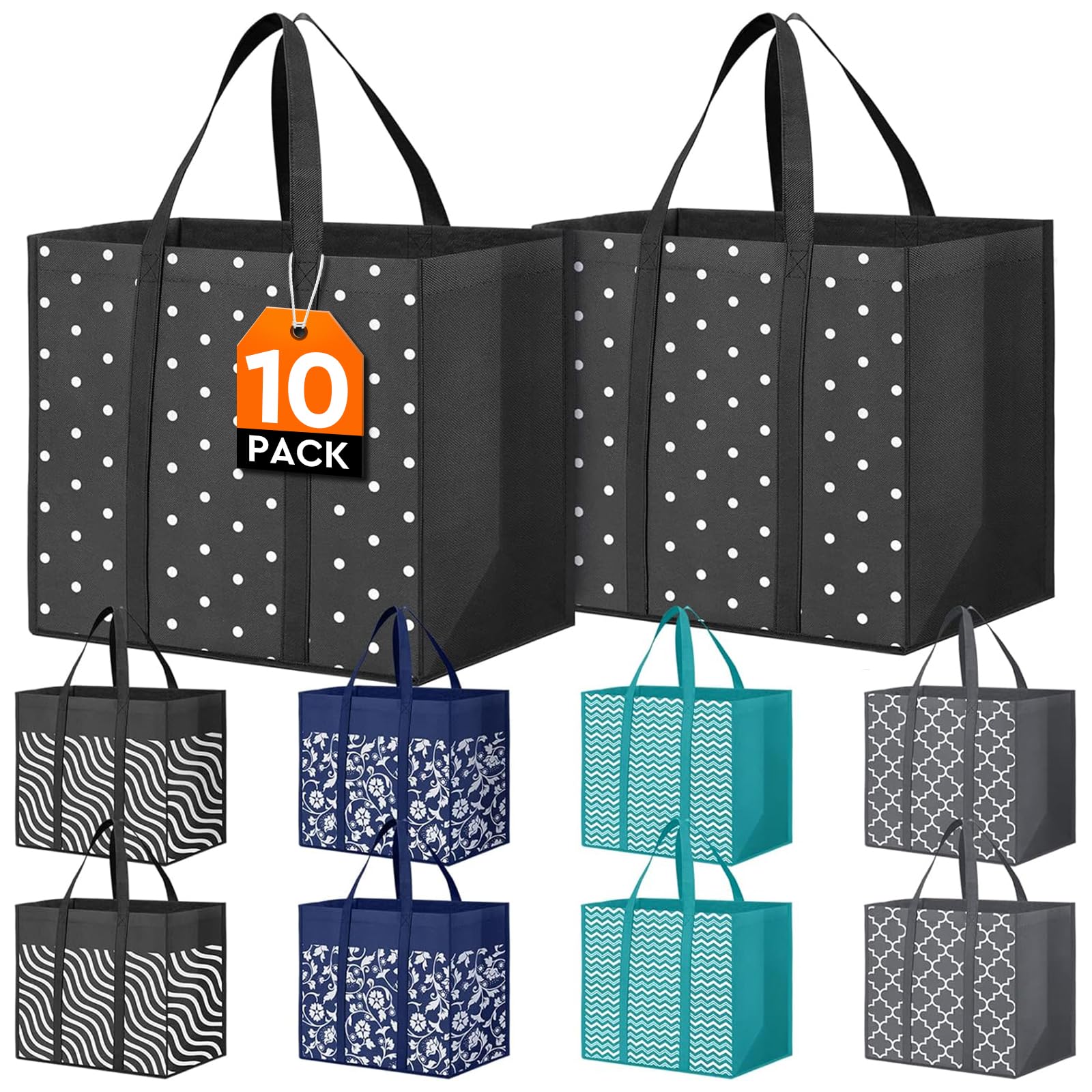 Fab totes 10 Pack Reusable Grocery Bags 35L Large Capacity Shopping Bags Heavy Duty Reusable Bags for Groceries Waterproof Tote Bags for Shopping and Picnic with Sturdy Handles