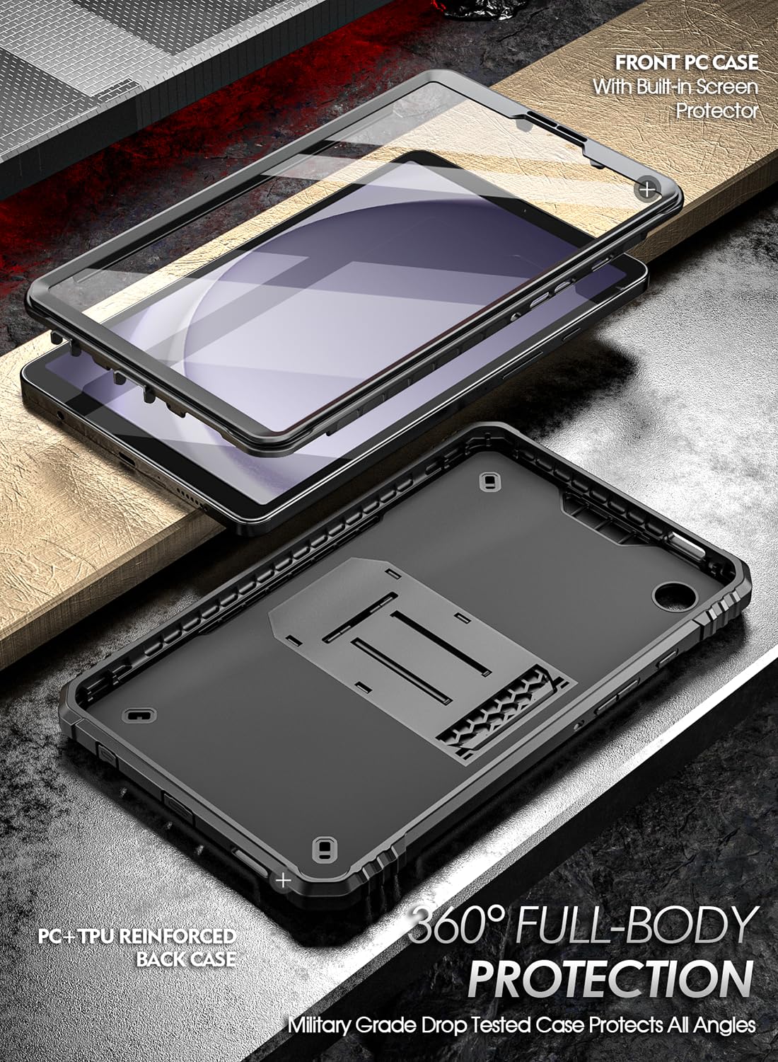 Poetic Revolution Case for Samsung Galaxy Tab A9 8.7 inch (2023), Built in-Screen Protector with Full-Body Kickstand Rugged Heavy Duty Case, Black