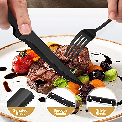 48-Piece Black Silverware Set with Steak Knives, Stainless Steel Flatware Cutlery Set for 8,Stain Finish Tableware Kitchen Utensil Set Includes Spoons Forks Knives, Dishwasher Safe