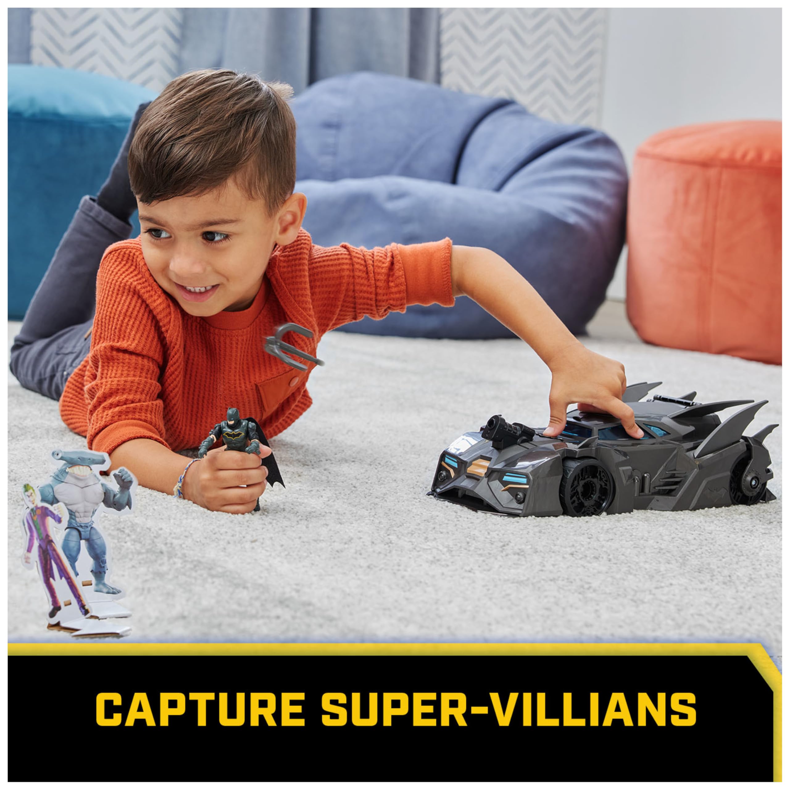 DC Comics, Crusader Batmobile Playset with Exclusive 4-inch Batman Figure, 3 Super-Villain Paper Figures, Kids Toys for Boys and Girls Ages 4+