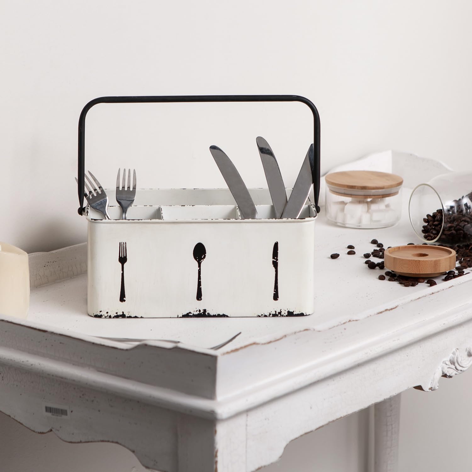 NIKKY HOME Utensil Caddy, Farmhouse Rustic Metal Cutlery Silverware Caddy with 4 Compartments, Flatware Holder Organizer for Kitchen Countertop, Picnics, Party, Camping, Outdoor - Distressed White