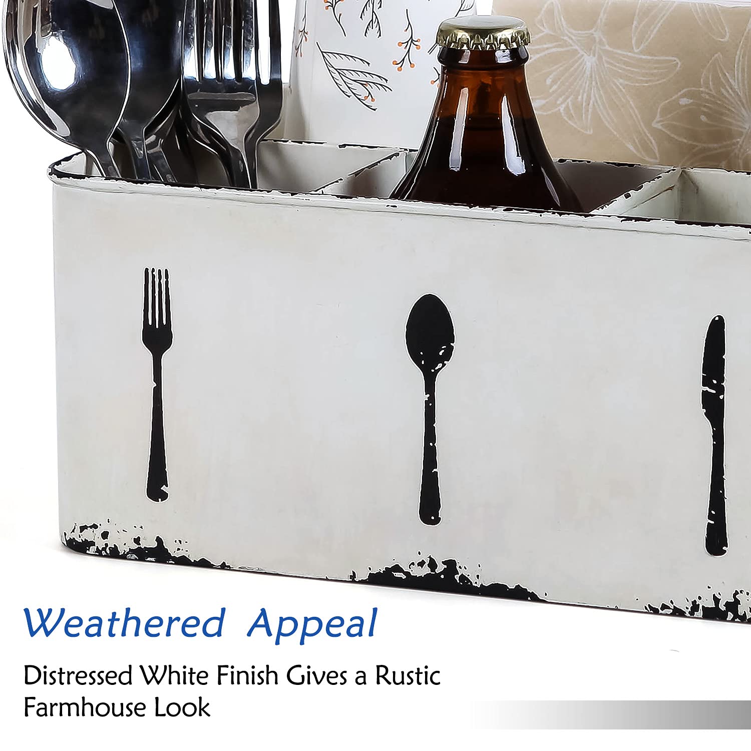 NIKKY HOME Utensil Caddy, Farmhouse Rustic Metal Cutlery Silverware Caddy with 4 Compartments, Flatware Holder Organizer for Kitchen Countertop, Picnics, Party, Camping, Outdoor - Distressed White