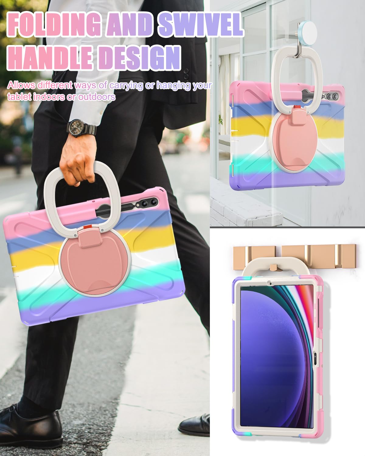 BRAECN Case for 12.4 Inch Samsung Galaxy Tab S9 Plus, S8+, S7+, S7 FE, Rugged Silicone Case with S Pen Holder, Handle Grip, Kickstand, Shoulder Strap, Colorful Pink